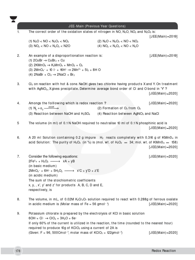 JEE Main Redox Reaction Questions | PDF | Redox | Chemical Reactions