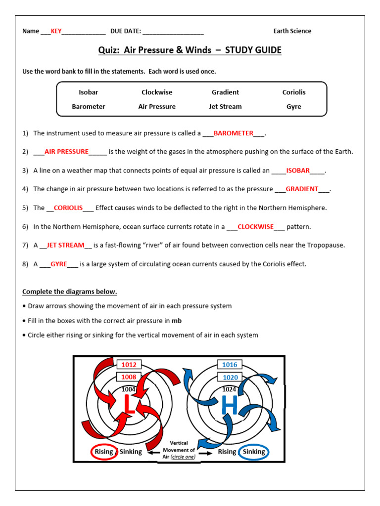 Air Pressure - Winds COMPLETED STUDY GUIDE 2016 | PDF | Atmosphere Of ...