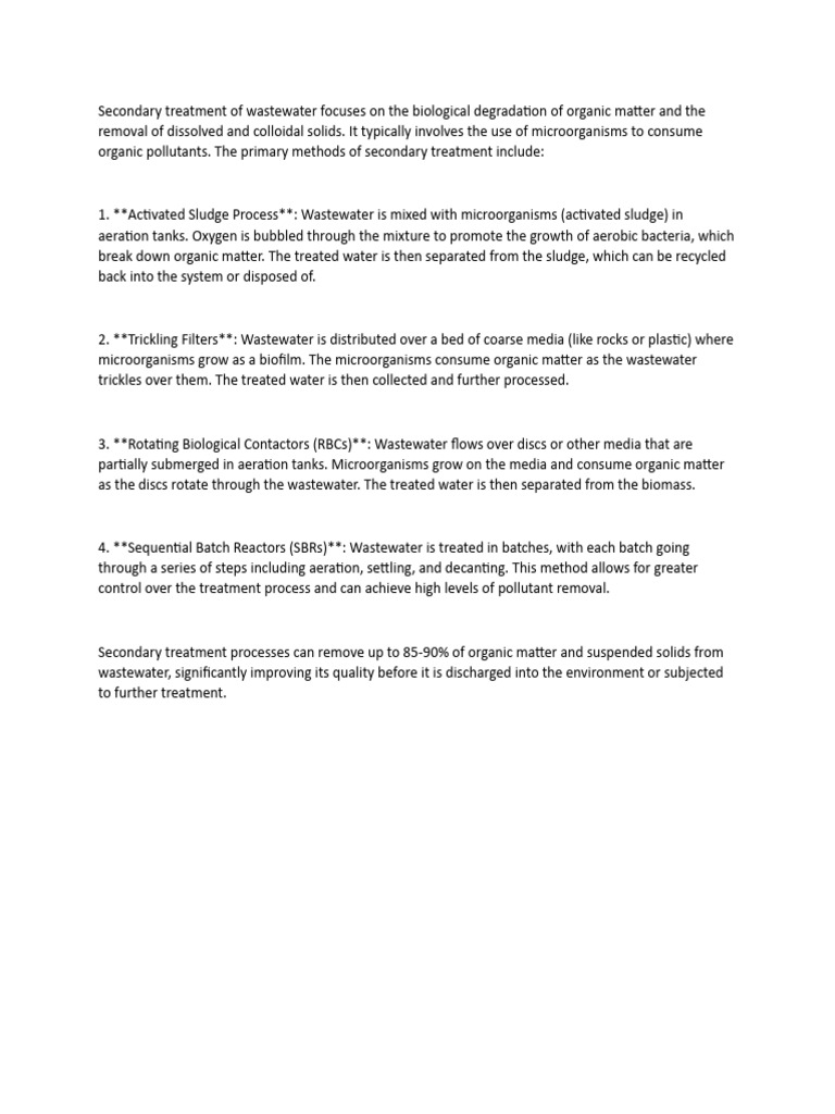 Secondary Treatment of Wastewater Focuses On The Biological Degradation ...