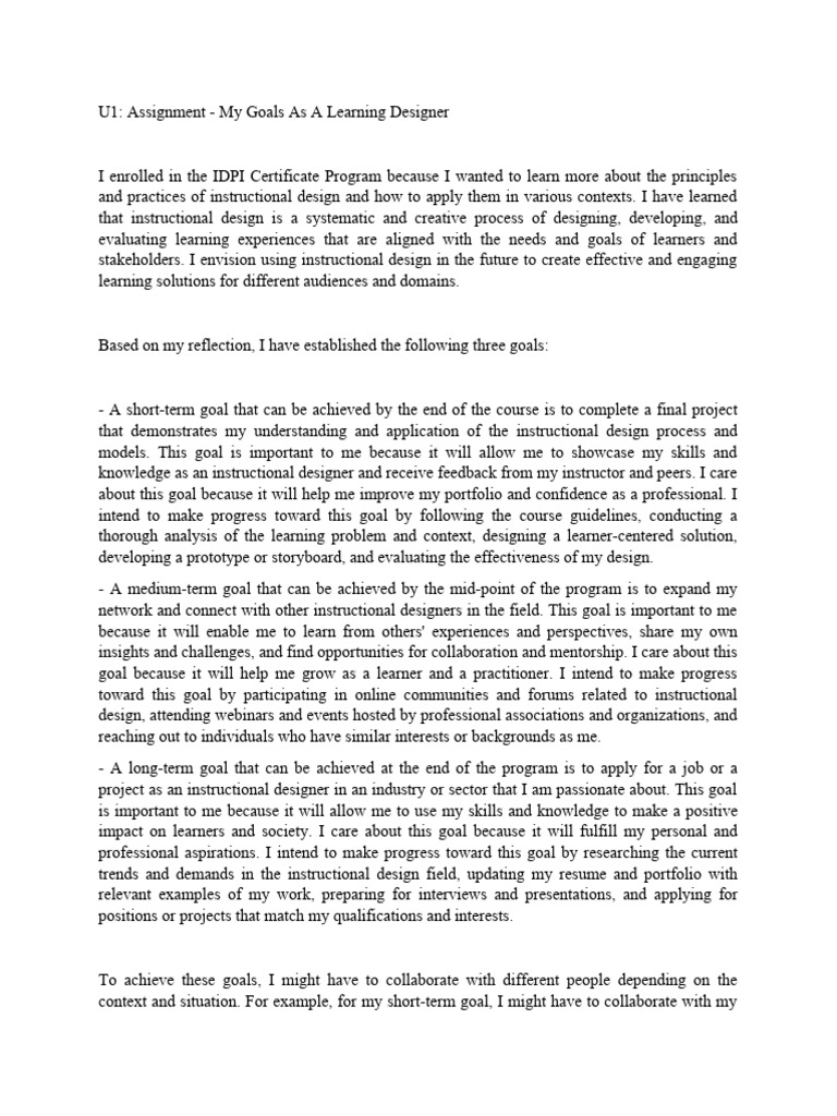 U1 Assignment My Goals As A Learning Designer | PDF | Instructional Design | Goal