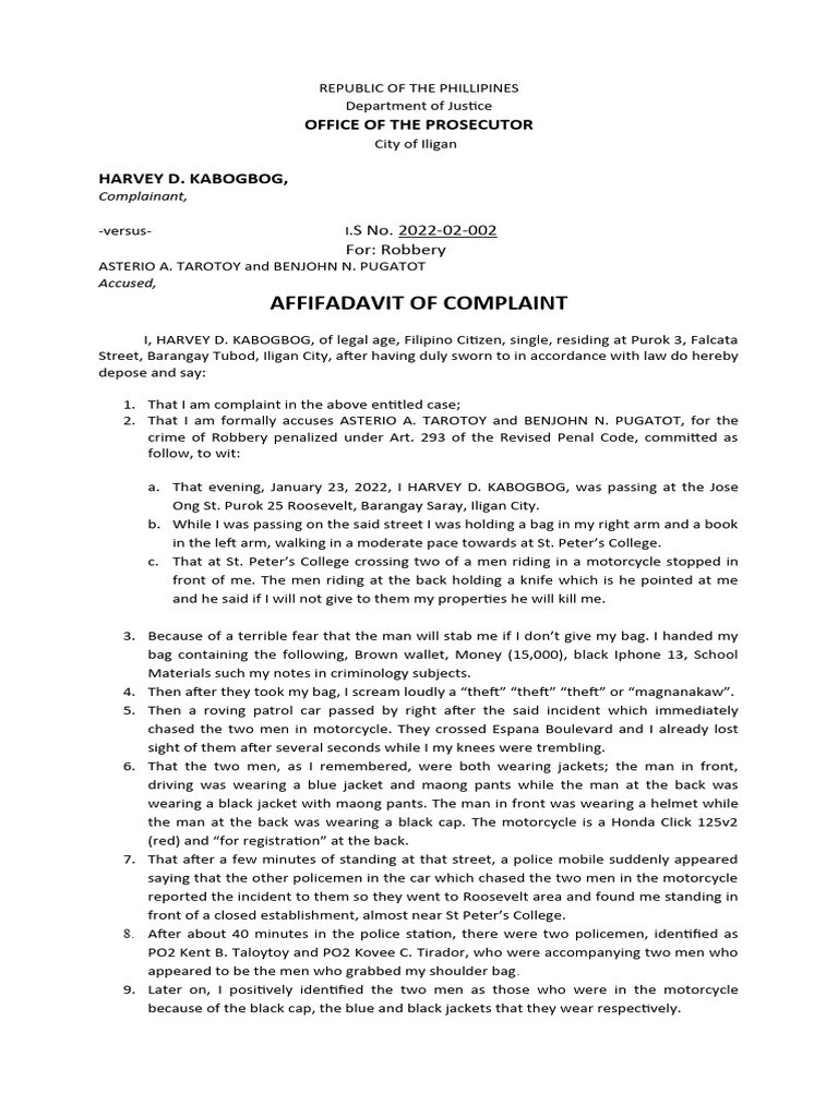 Affidavit of Complaint | PDF | Robbery | Crime & Violence