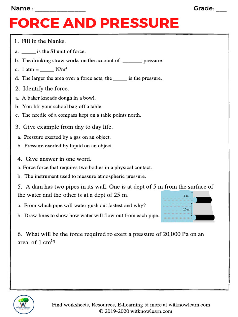 Class 8 Force and Pressure Worksheet 0 2020 27 05 085423 | PDF