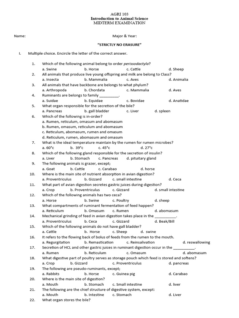 Midterm Exam Introduction To Animal Science | PDF | Digestion | Ruminant