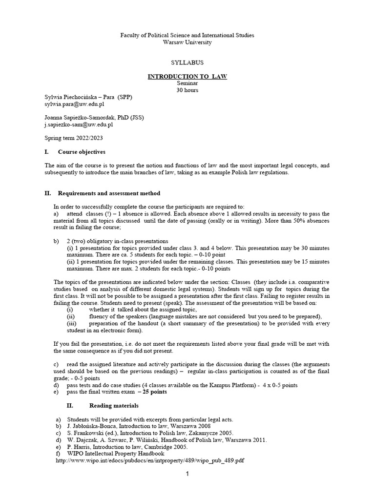 Introduction To Law - Syllabus - 02.02.2023 | PDF