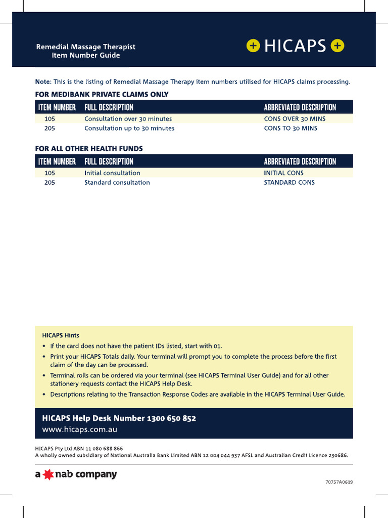HICAPS Item Guide Remedial Massage Aug 2019 | PDF