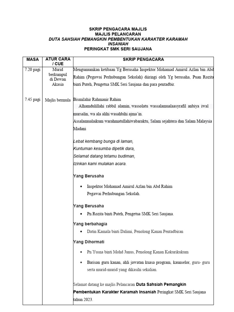 Skrip Pengacara Majlis Majlis Pelancaran Duta Sahsiah 2023 | PDF