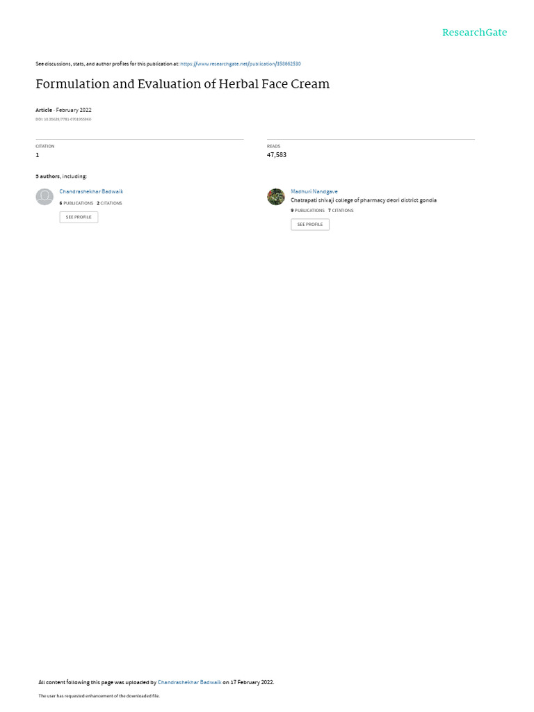 Formulationand Evaluationof Herbal Face Cream 11 | PDF | Skin | Pimple