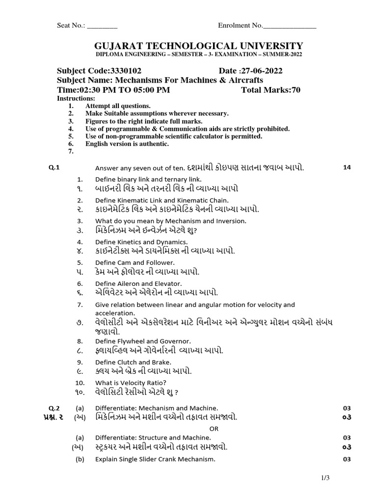 Gtu Diploma in Aeronautical 3330102 Summer 2022 | PDF