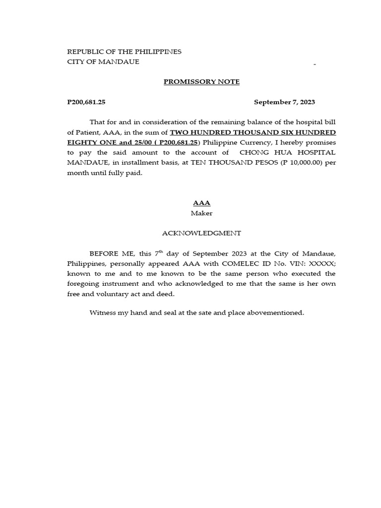 Promissory Note - Hospital Bill2 | PDF