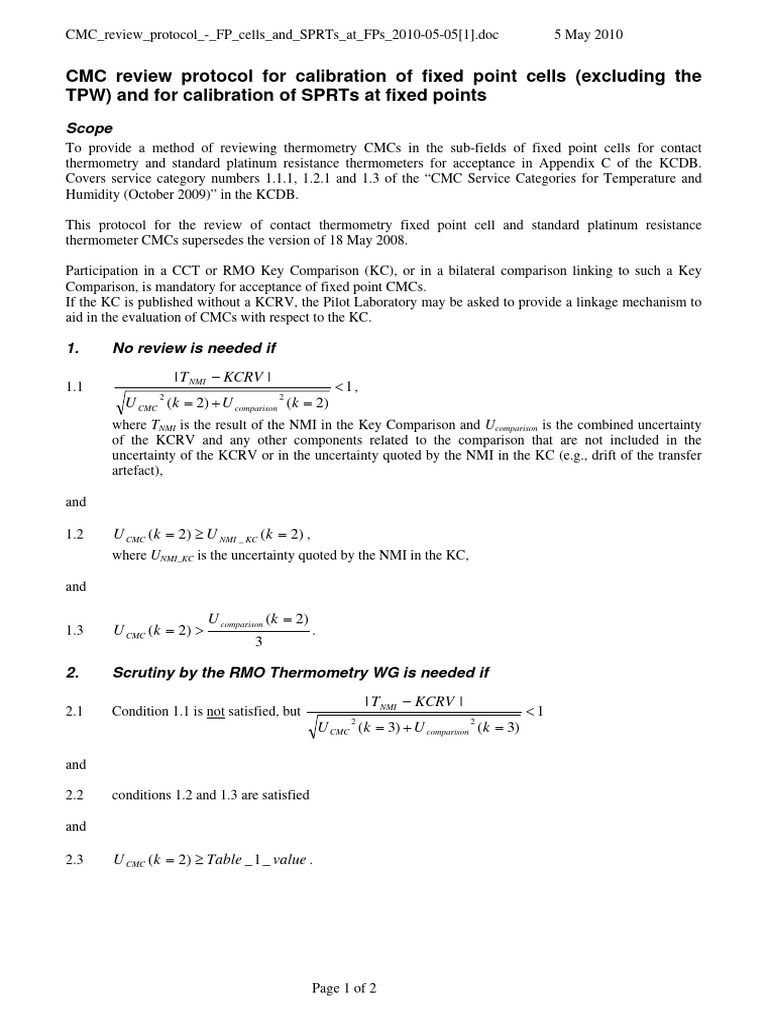 CMC Review Protocol - Calibration of Fixed Point Cells (Excluding The ...