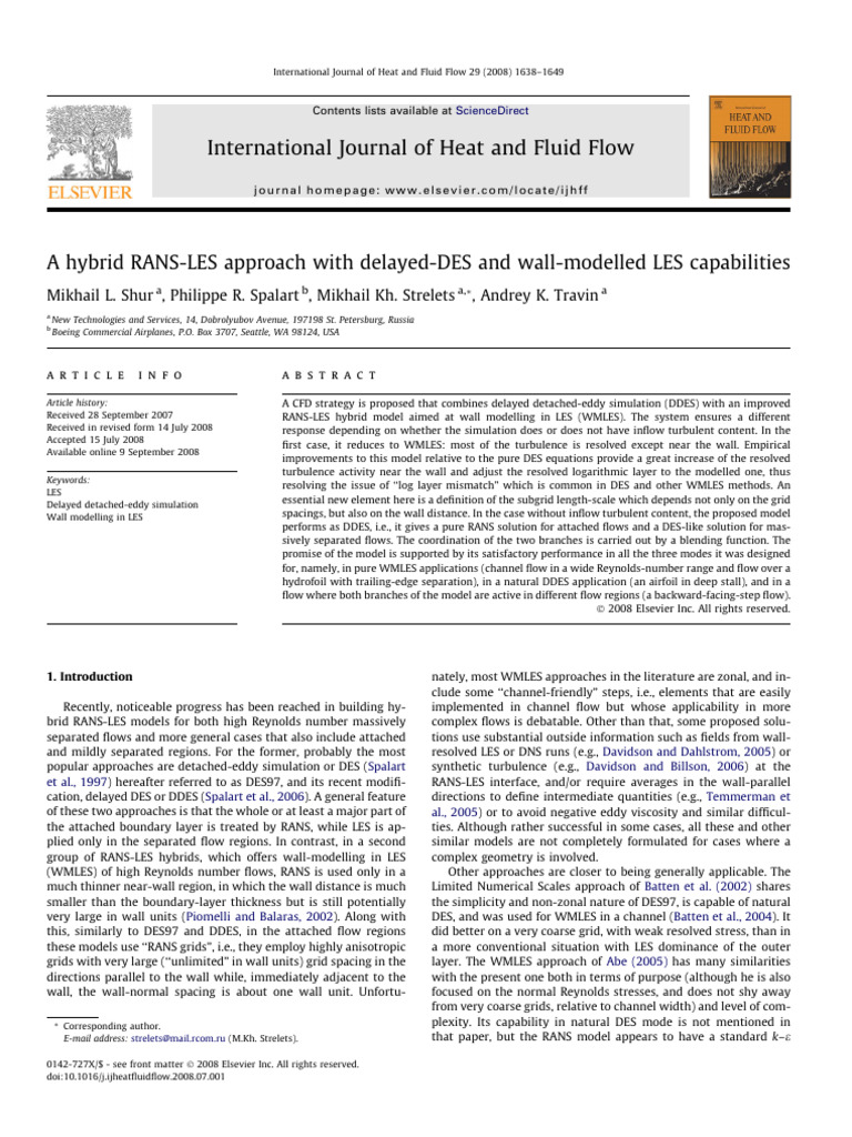 2008A Hybrid RANS-LES Approach With Delayed-DeS and Wall-Modelled LES Capabilities | PDF ...