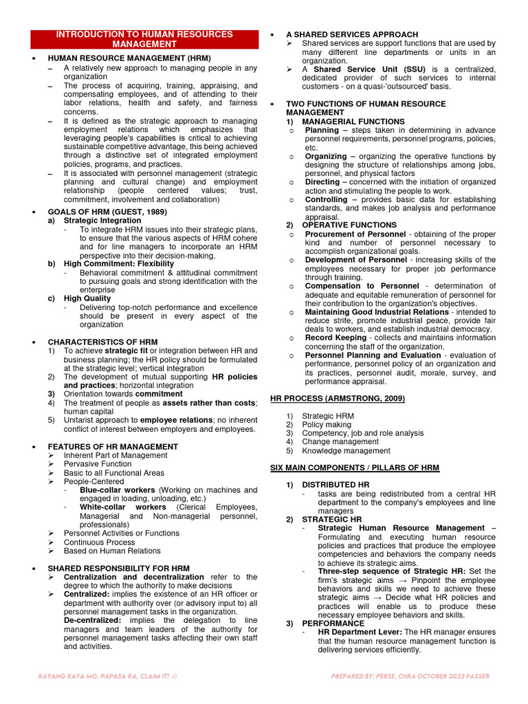 Summarized CHRA Reviewer | PDF | Human Resource Management | Human ...