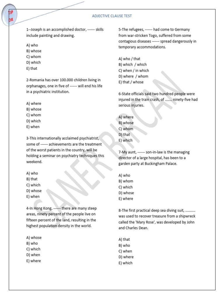 Adjective Clause Test Questions | PDF | Psychiatry | Medicine