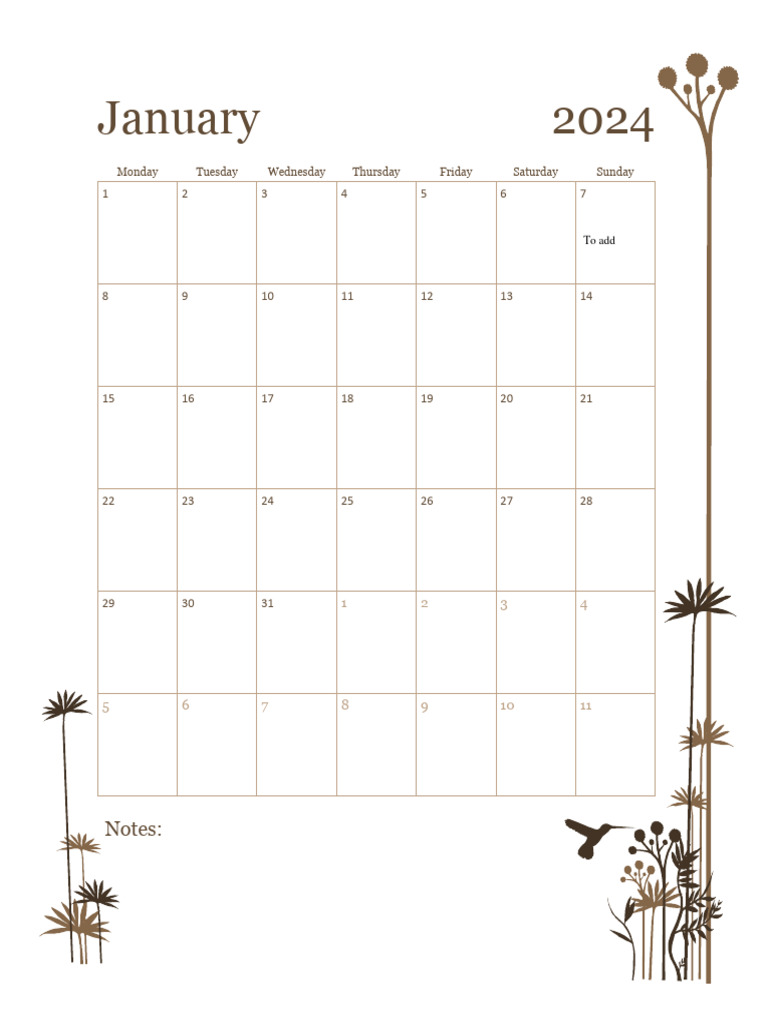 Hummingbird 12-Month Calendar Mon-Sun | PDF