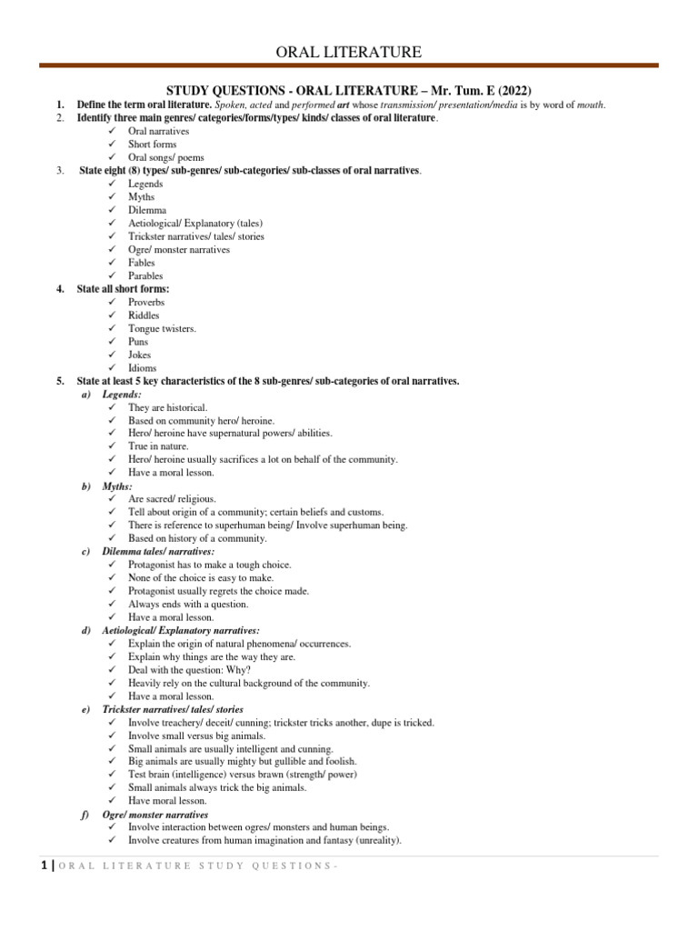 Study Questions on Oral Literature | PDF