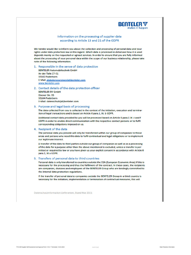 T.PU.005 VC1 Supplier Self Assessment and Approval Form V3.0 | PDF