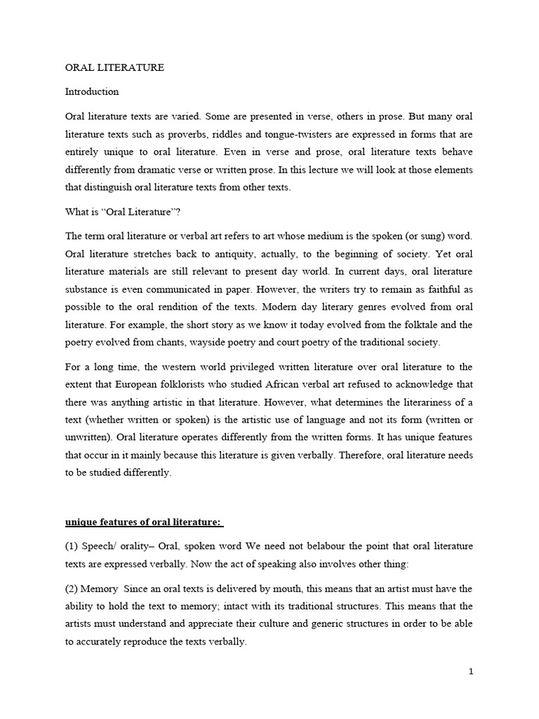 Oral Literature Notes | PDF | Genre | Oral Literature
