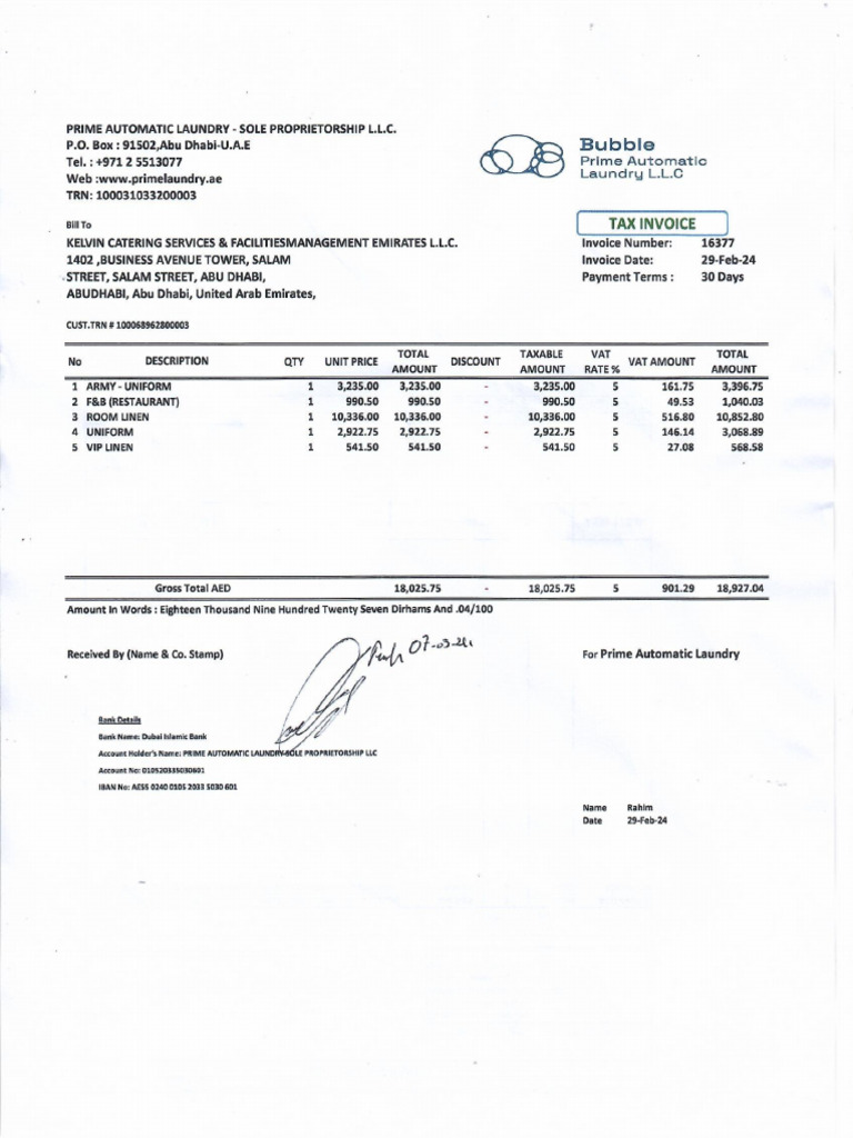 Laundry Invoices February 2024 | PDF