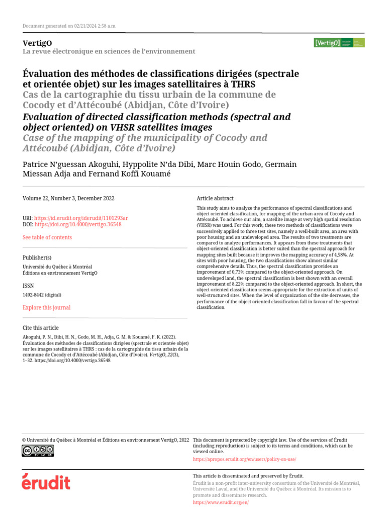 Évaluation Des Méthodes de Classifications Dirigées (Spectrale Et Orientée Objet) Sur Les Images ...
