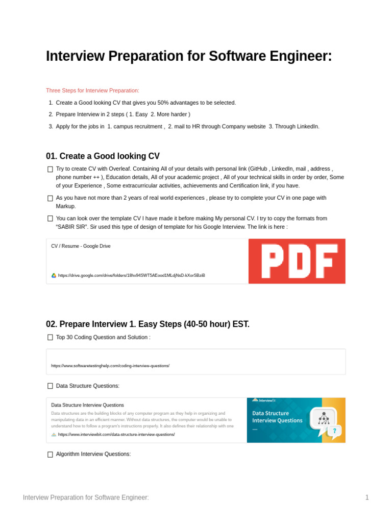 Interview Preparation For Software Engineer | PDF | Career & Growth | Computers