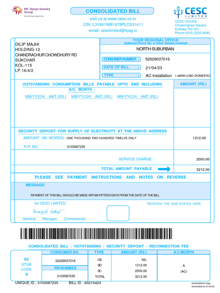 CESC Consolidated Bill Details | PDF | Payments | Market (Economics)
