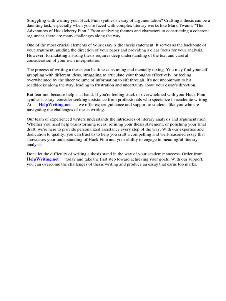 Huck Finn Synthesis Essay of Argumentation | Download Free PDF ...