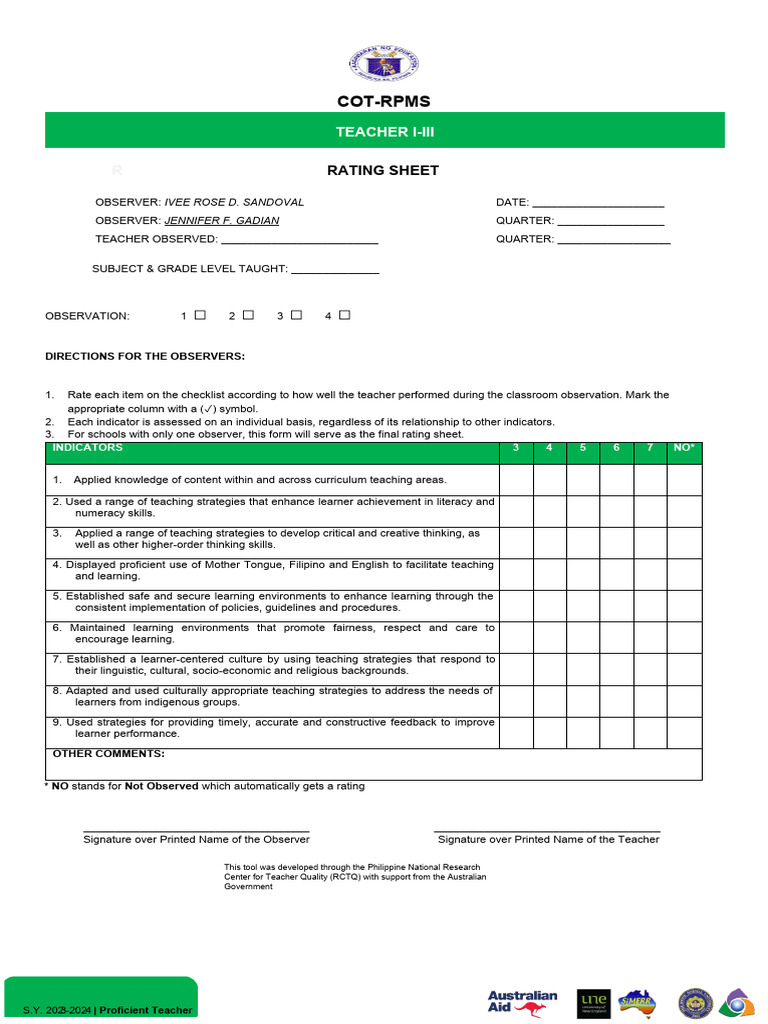 Cot Rpms Rating Sheet For T I III For Sy 2023 2024 1 | PDF | Teachers ...