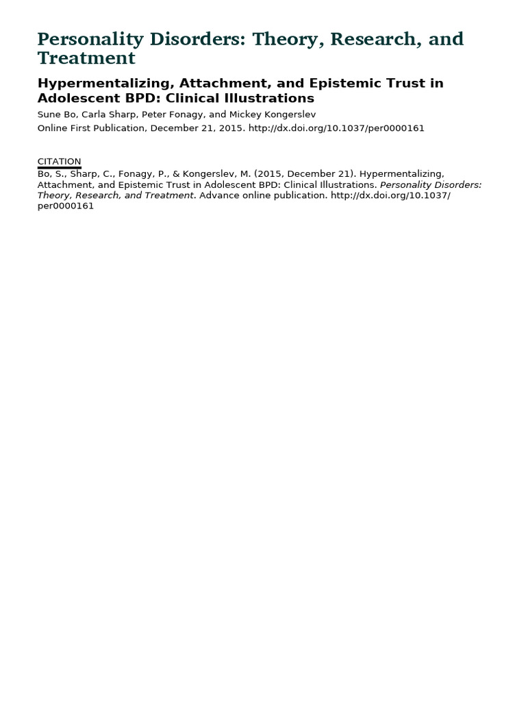 Hypermentalizing, Attachment, and Epistemic Trust in Adolescent BPD: Clinical Illustrations ...