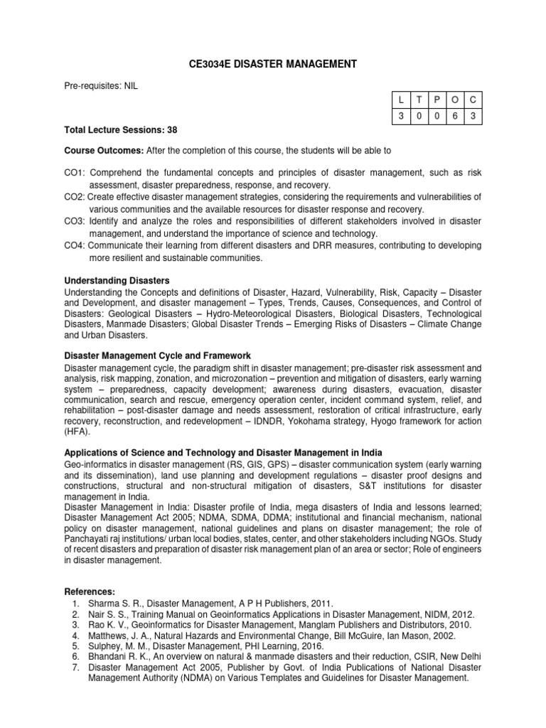 CE3034E - Disaster Management - Syllabus New | PDF | Emergency ...