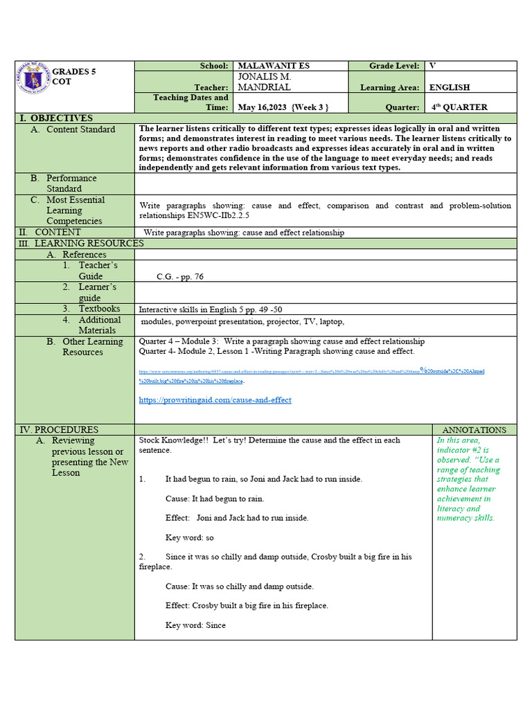 COT in English 5 w3 - Cause and Effect 1 | PDF | Learning | Teachers