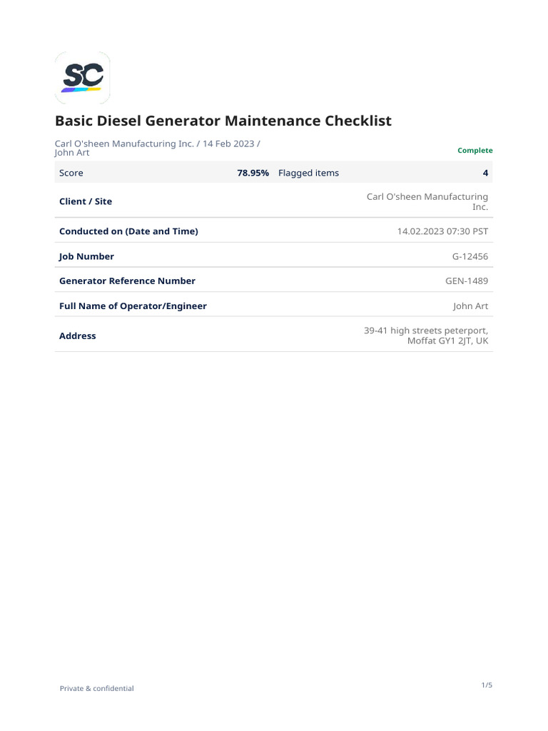 Generator Maintenance Checklist Sample Report | PDF