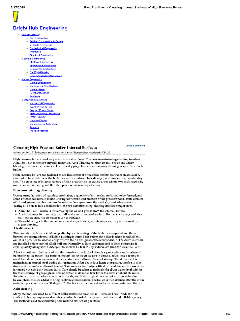 Best Practices in Cleaning Internal Surfaces of High Pressure Boilers | PDF