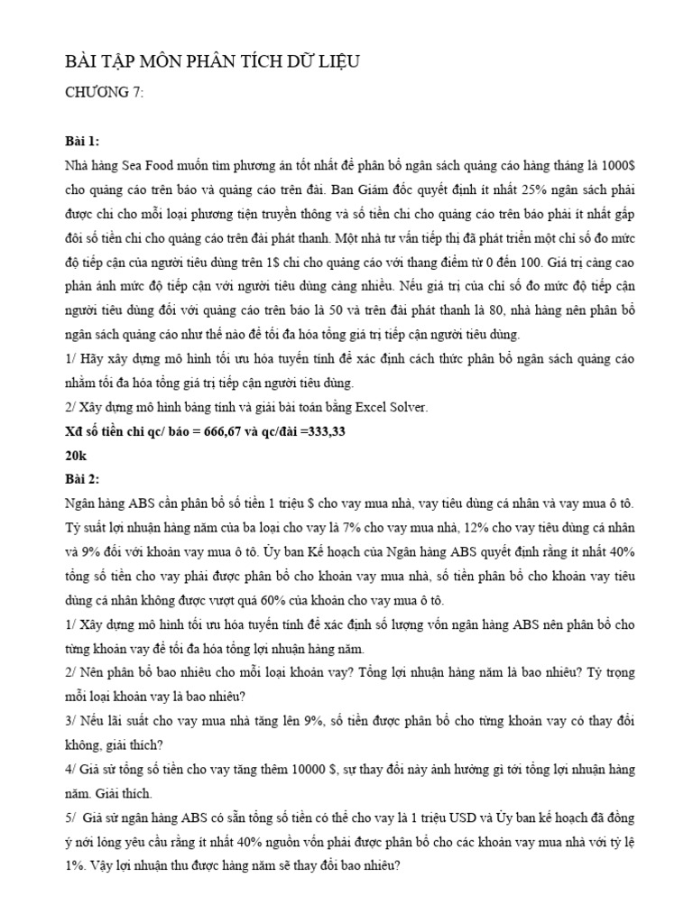 Bài Tập Chương 7 - Môn Ptdl - Sv | PDF