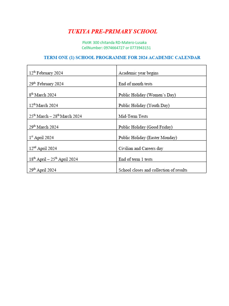 TUKIYA Pre-Primary School Term 1 Schedule | PDF