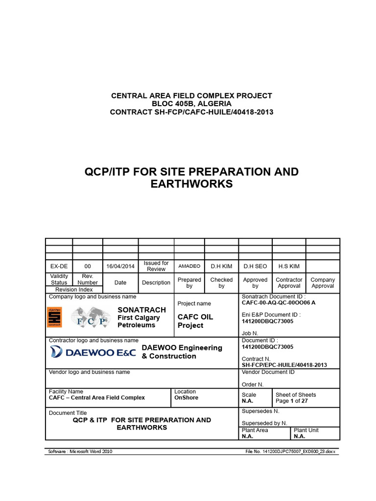 141200DBQC73005 - EXDE00 - 23 QCP - ITP For Site Preparation and Earthworks | PDF