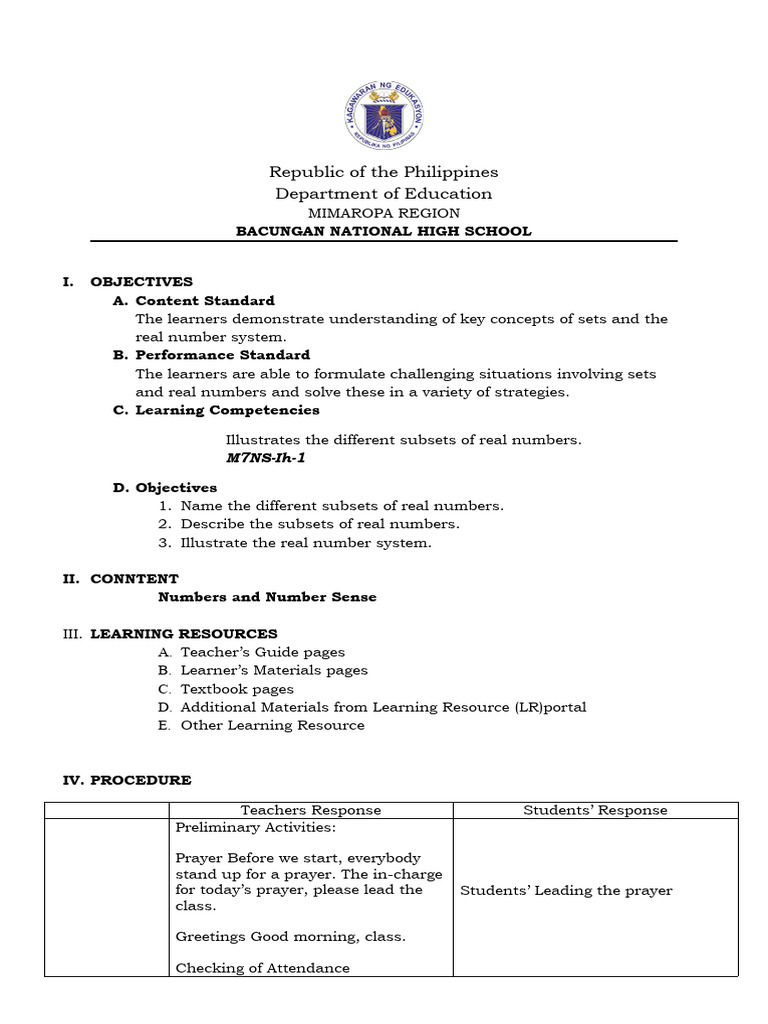 Detailed Lesson Plan On Set and Real Numbers | PDF | Language Arts ...