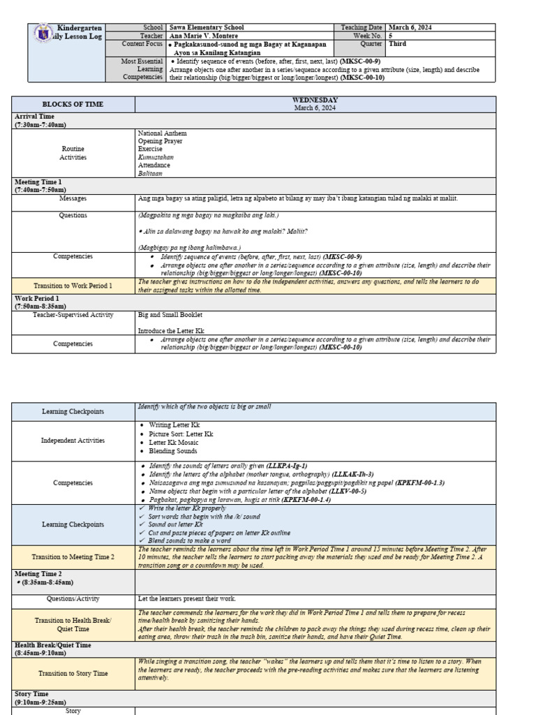 Kindergarten DLL Q3W5D3 | PDF | Learning | Teachers