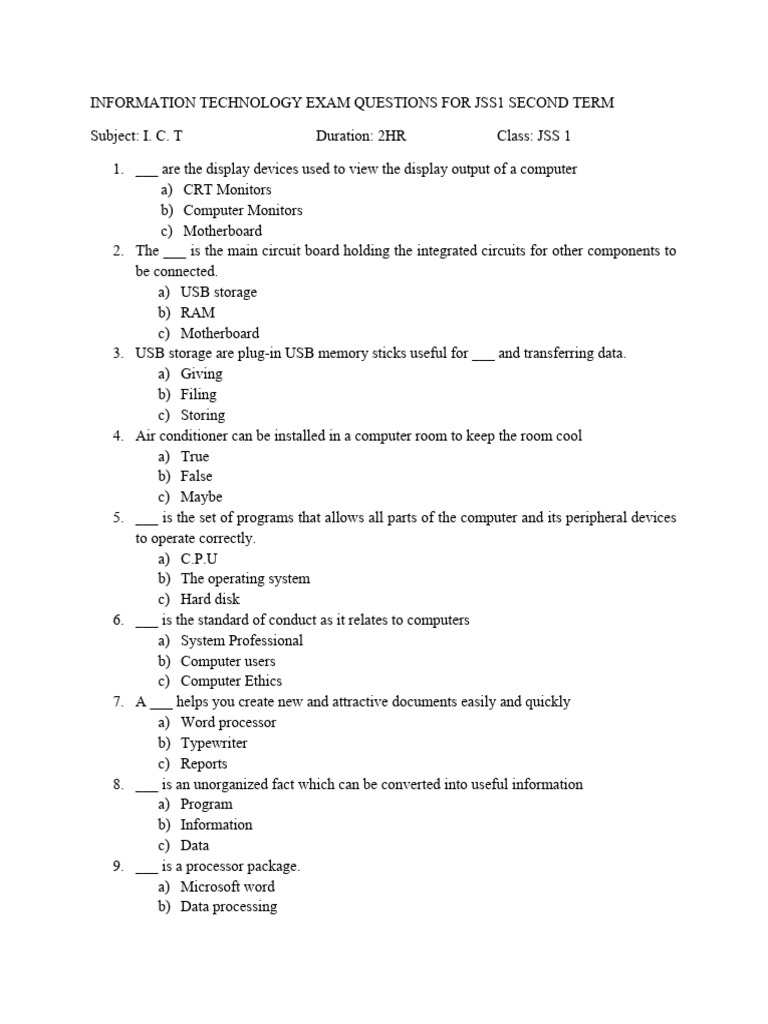 JSS 1 Ict Exam | PDF