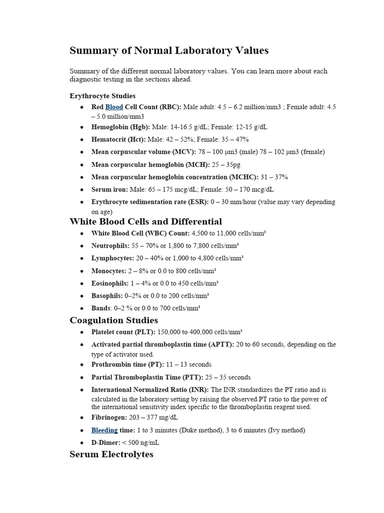 Summary of Normal Laboratory Values | PDF | Bleeding | Coagulation