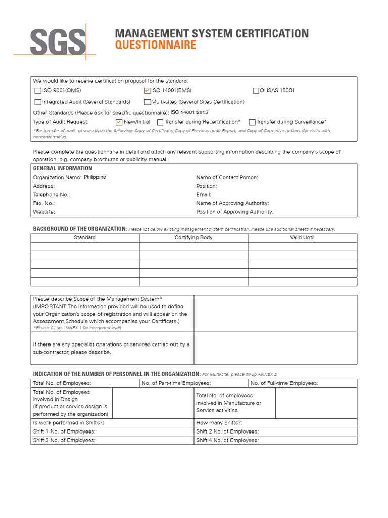 Management Systems Certification Questionnaire | Download Free PDF ...