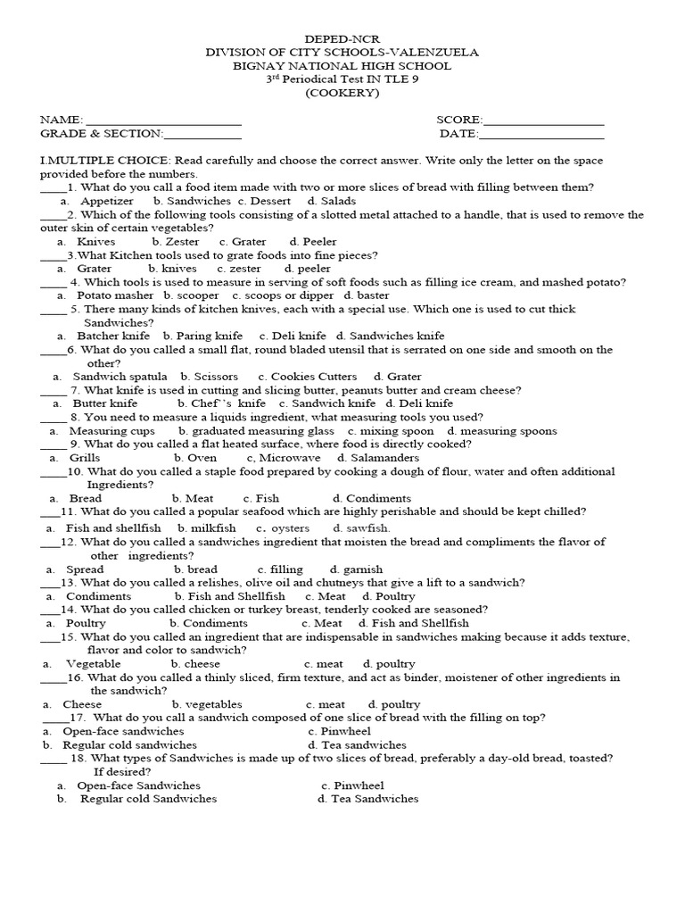 TLE 9 Cookery: 3rd Periodical Test | PDF | Cooking, Food & Wine | Lifestyle