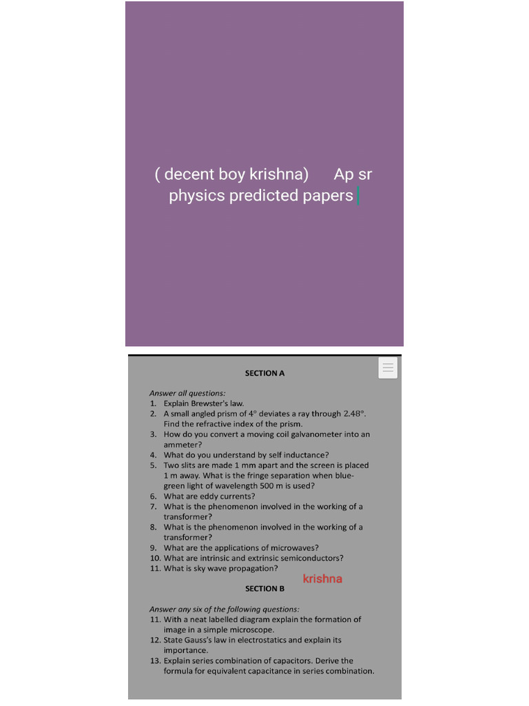 Ap SR Physics Predicted Paper Decent Boy Krishna | PDF