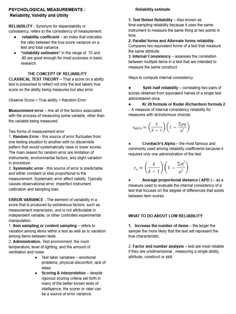 Reliability Validity Utility HANDOUTS | PDF