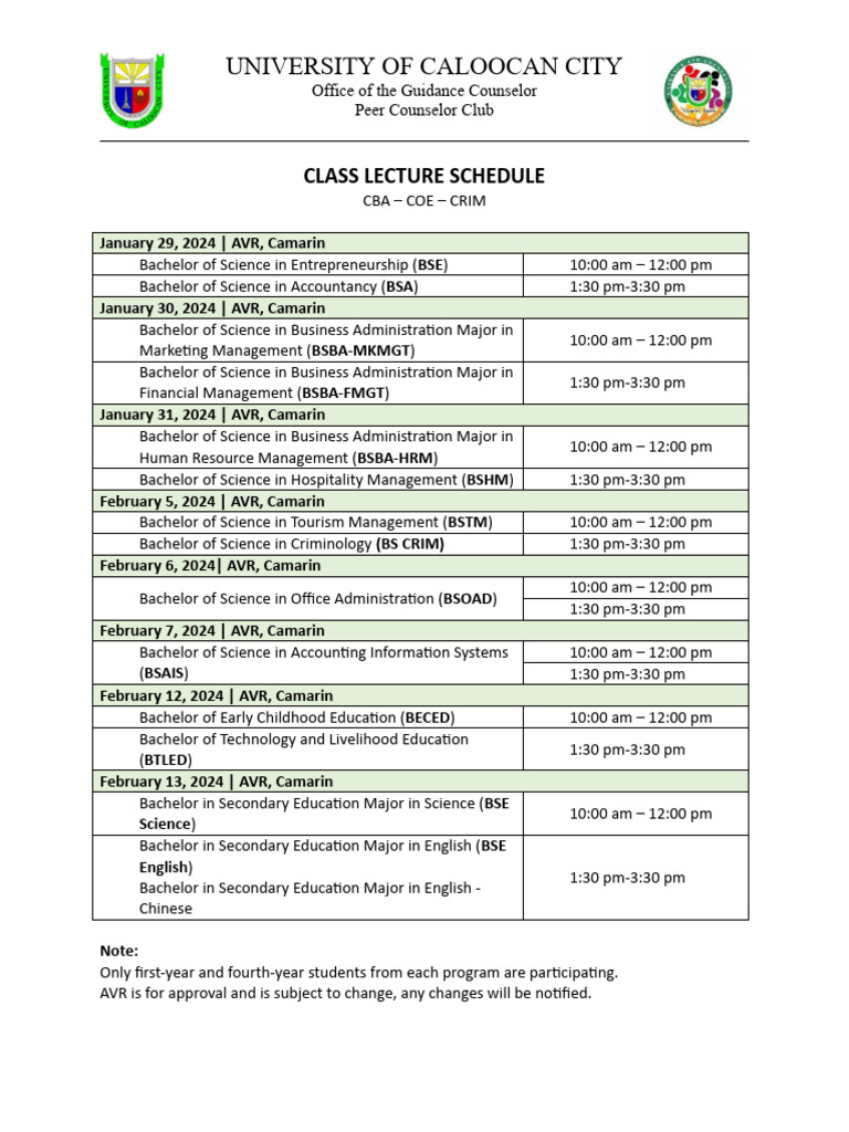 Class Lecture Schedule | PDF