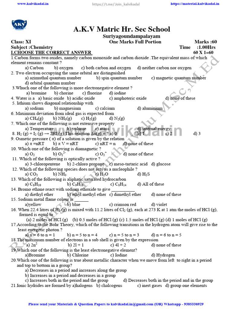 Xi Chemistry Full Portion One Marks 1 | PDF | Gases | Oxide