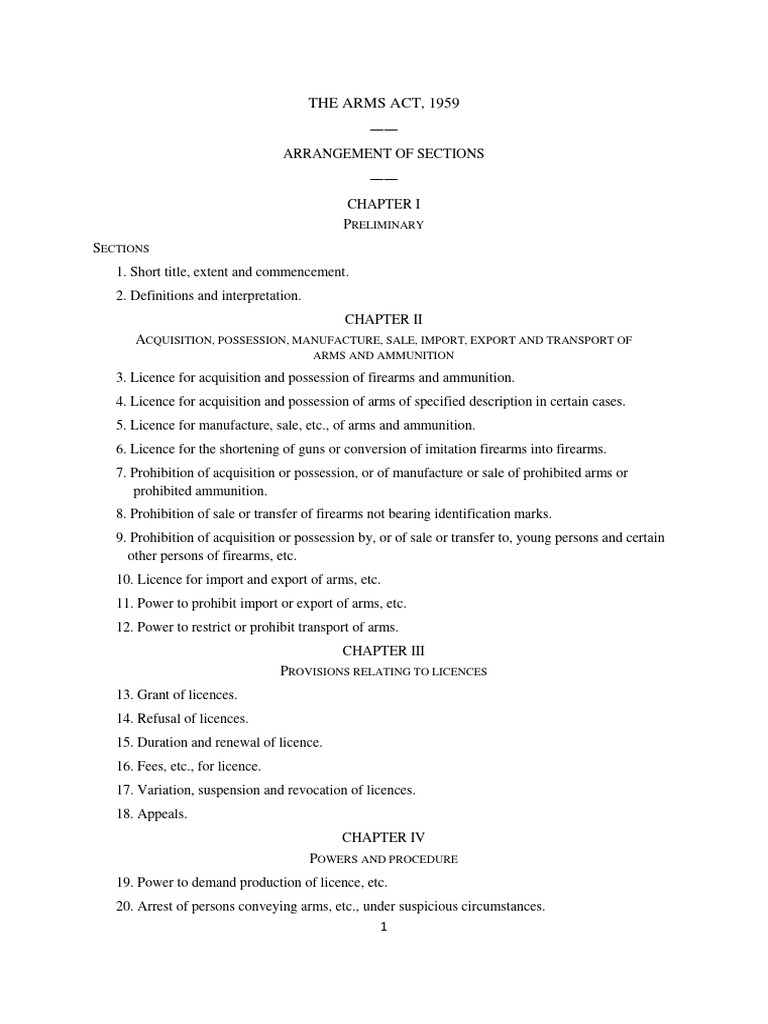 Arms Act 1959 Overview and Provisions | PDF | License | Search And Seizure