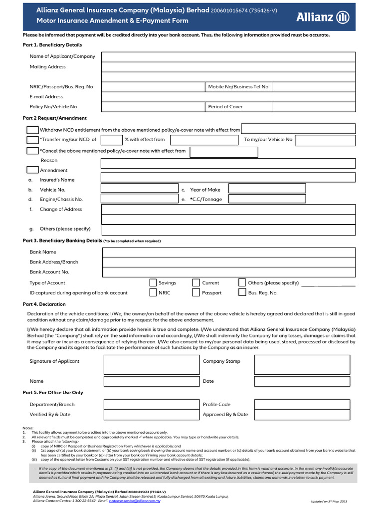Motor Insurance Amendment Form - Updated May 2023 | PDF | Banks | Insurance