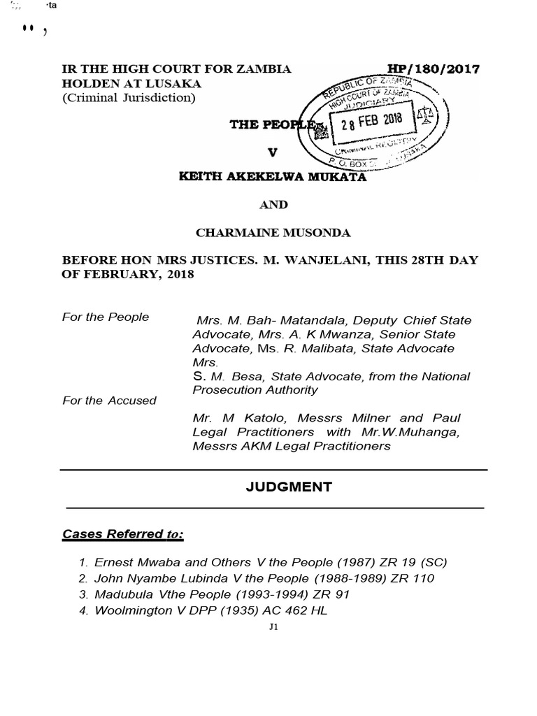 People Vs Keith Akekelwa Mukata Charmaine Musonda 28 Feb 2018 | PDF ...