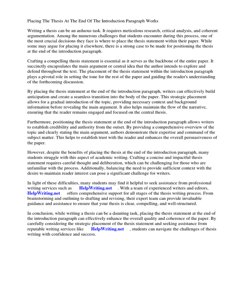 Placing The Thesis at The End of The Introduction Paragraph Works | PDF