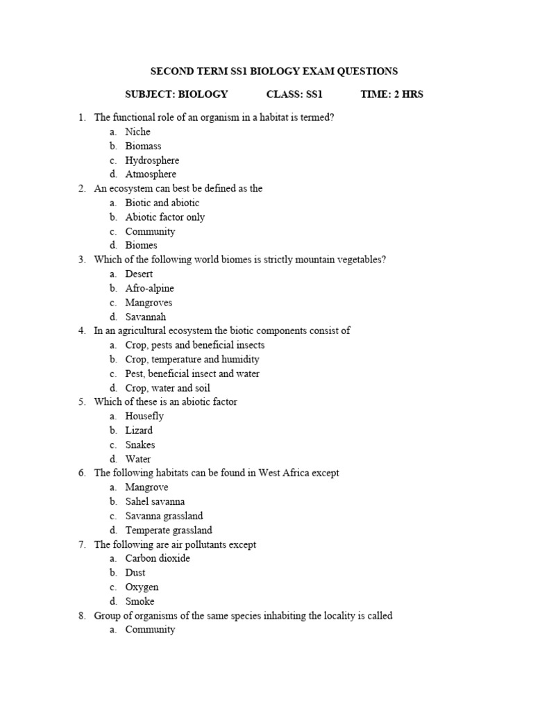 SS1 Biology Second Term Exam Questions | PDF | Ecosystem | Water Pollution